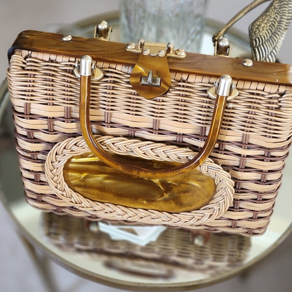 Bags | Vtg Coated Wicker Straw Purse With 2 Lucite Handles Clasp | Poshmark